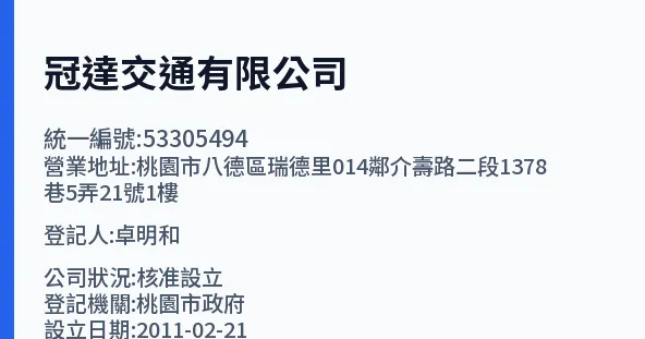 冠達交通有限公司的照片-統編 53305494(桃園市) 公司登記資料與營業項目詳細圖表
