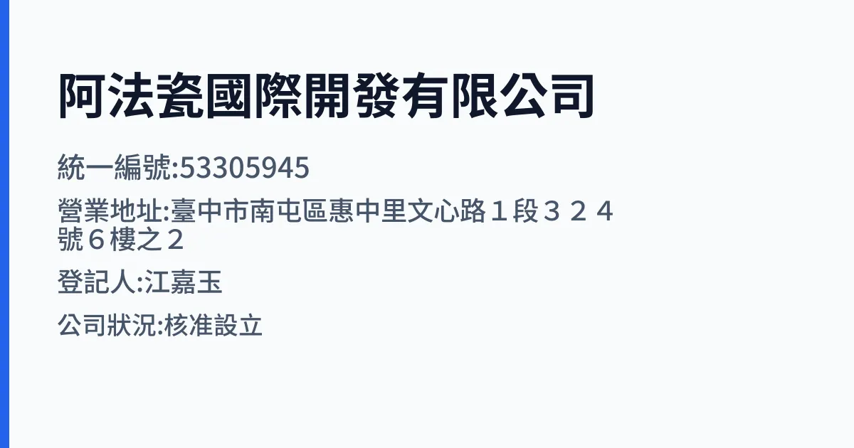阿法瓷國際開發有限公司 - 統編 53305945（臺中市） 公司登記資料與營業項目詳細圖表