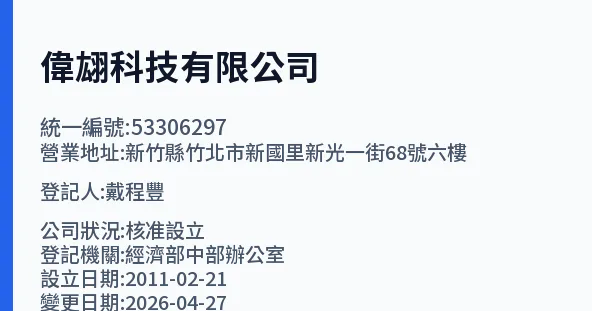偉翃科技有限公司的照片-統編 53306297(新竹縣) 公司登記資料與營業項目詳細圖表