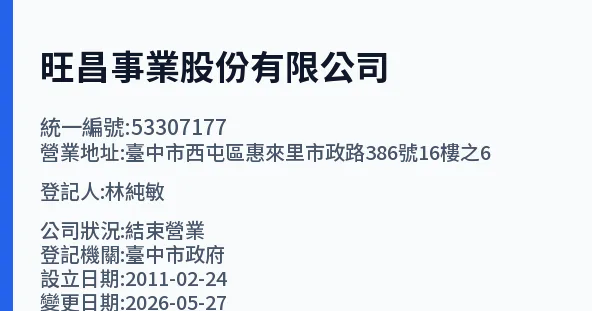 旺昌事業股份有限公司的照片-統編 53307177(臺中市) 公司登記資料與營業項目詳細圖表