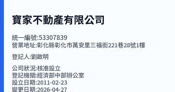 寶家不動產有限公司的照片-統編 53307839(彰化縣) 公司登記資料與營業項目詳細圖表