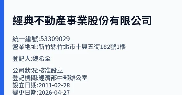 經典不動產事業股份有限公司的照片-統編 53309029(新竹縣) 公司登記資料與營業項目詳細圖表