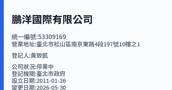鵬洋國際有限公司的照片-統編 53309169(臺北市) 公司登記資料與營業項目詳細圖表