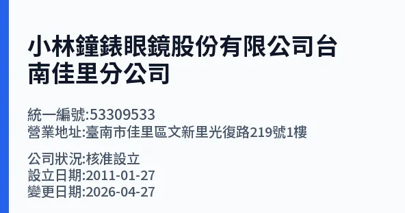 小林鐘錶眼鏡股份有限公司台南佳里分公司的照片-統編 53309533(臺南市) 公司登記資料與營業項目詳細圖表