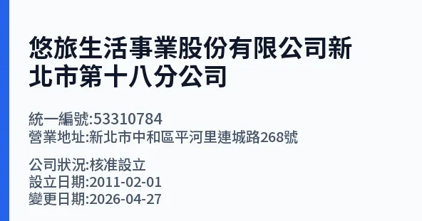 悠旅生活事業股份有限公司新北市第十八分公司的照片-統編 53310784(新北市) 公司登記資料與營業項目詳細圖表