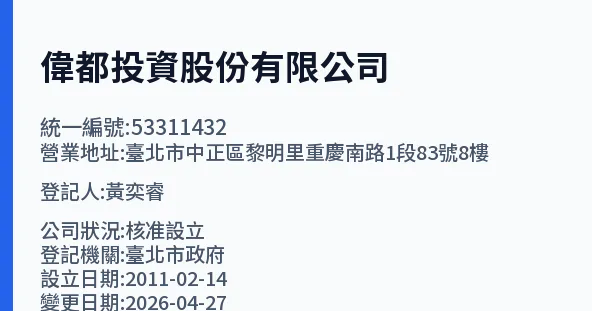 偉都投資股份有限公司的照片-統編 53311432(臺北市) 公司登記資料與營業項目詳細圖表