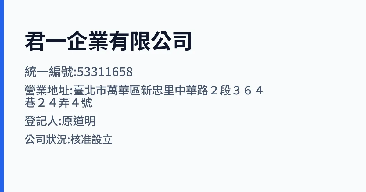 君一企業有限公司 - 統編 53311658(臺北市) 公司登記資料與營業項目詳細圖表