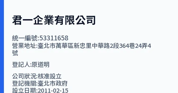 君一企業有限公司的照片-統編 53311658(臺北市) 公司登記資料與營業項目詳細圖表