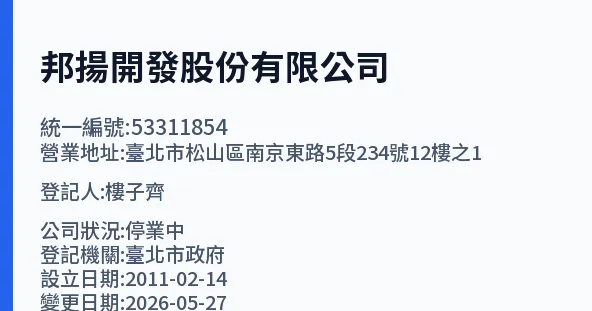 邦揚開發股份有限公司的照片-統編 53311854(臺北市) 公司登記資料與營業項目詳細圖表