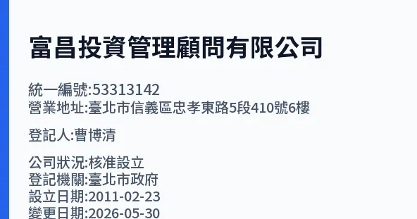 富昌投資管理顧問有限公司的照片-統編 53313142(臺北市) 公司登記資料與營業項目詳細圖表