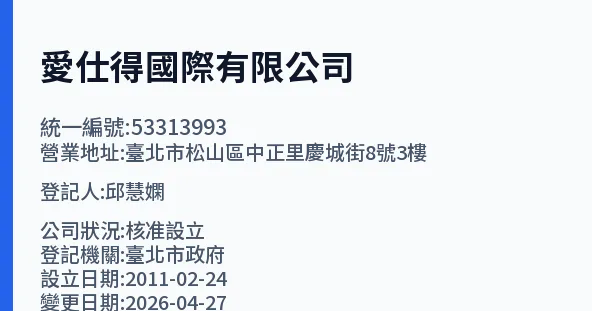 愛仕得國際有限公司的照片-統編 53313993(臺北市) 公司登記資料與營業項目詳細圖表
