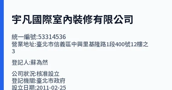 宇凡國際室內裝修有限公司的照片-統編 53314536(臺北市) 公司登記資料與營業項目詳細圖表