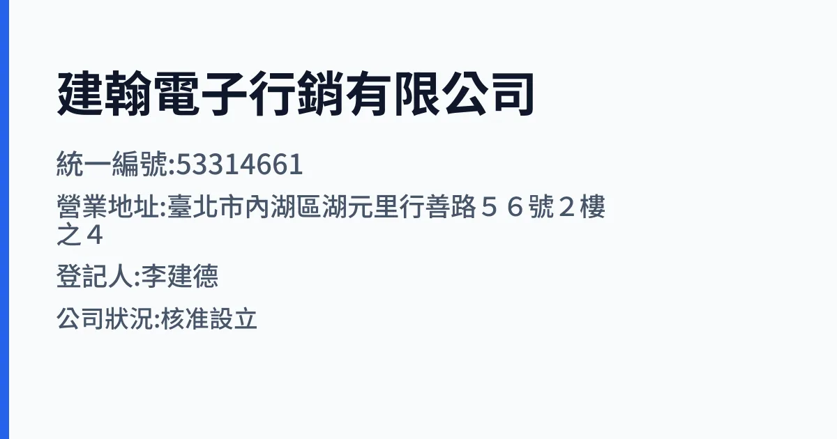 建翰電子行銷有限公司 - 統編 53314661(臺北市) 公司登記資料與營業項目詳細圖表
