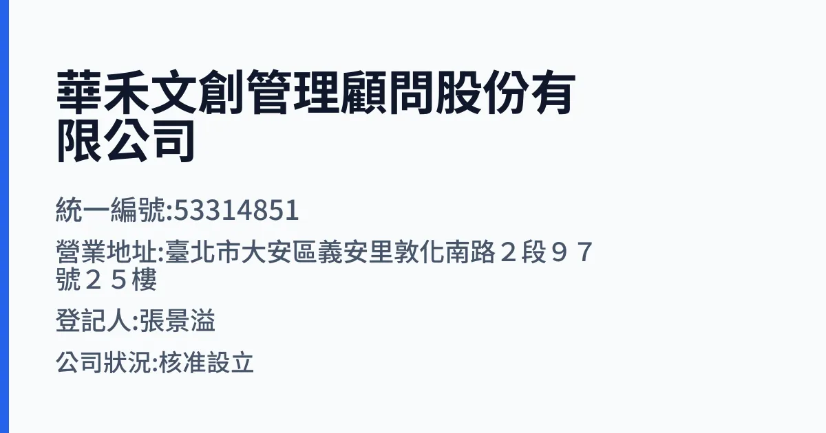 華禾文創管理顧問股份有限公司 - 統編 53314851(臺北市) 公司登記資料與營業項目詳細圖表