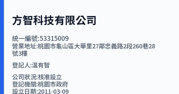 方智科技有限公司的照片-統編 53315009(桃園市) 公司登記資料與營業項目詳細圖表