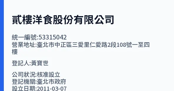 貳樓洋食股份有限公司的照片-統編 53315042(臺北市) 公司登記資料與營業項目詳細圖表