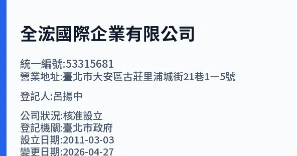 全浤國際企業有限公司的照片-統編 53315681(臺北市) 公司登記資料與營業項目詳細圖表