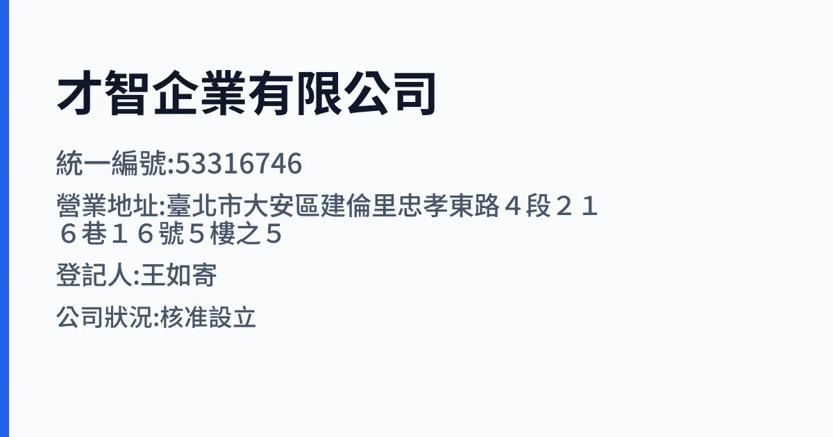 才智企業有限公司 - 統編 53316746(臺北市) 公司登記資料與營業項目詳細圖表