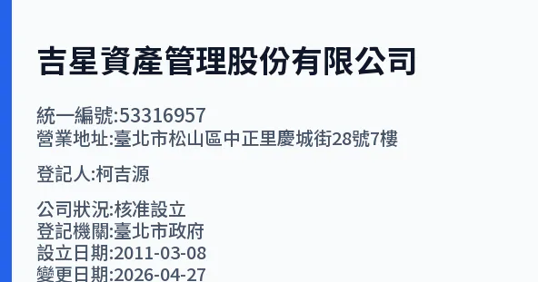 吉星資產管理股份有限公司的照片-統編 53316957(臺北市) 公司登記資料與營業項目詳細圖表