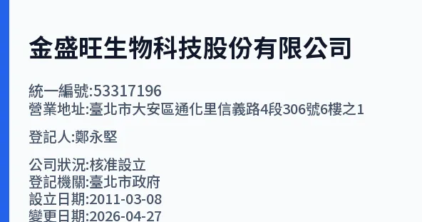 金盛旺生物科技股份有限公司的照片-統編 53317196(臺北市) 公司登記資料與營業項目詳細圖表