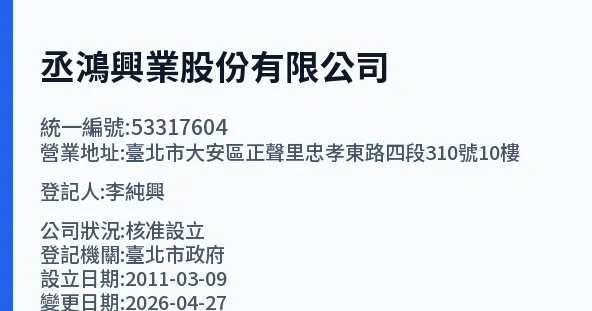 丞鴻興業股份有限公司的照片-統編 53317604(臺北市) 公司登記資料與營業項目詳細圖表