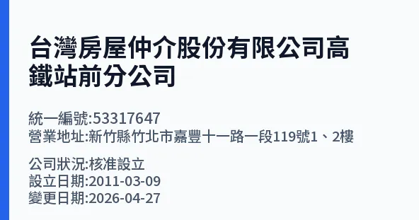 台灣房屋仲介股份有限公司高鐵站前分公司的照片-統編 53317647(新竹縣) 公司登記資料與營業項目詳細圖表