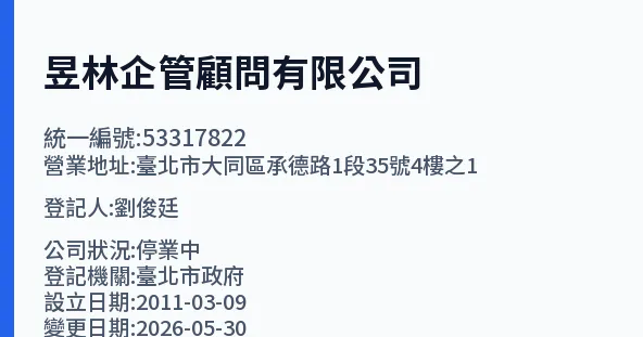 昱林企管顧問有限公司的照片-統編 53317822(臺北市) 公司登記資料與營業項目詳細圖表
