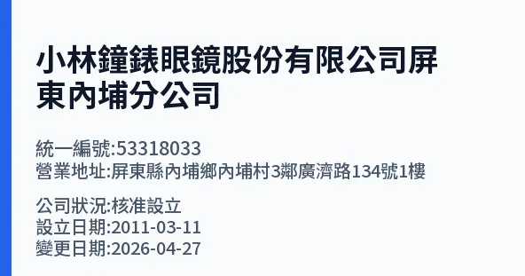 小林鐘錶眼鏡股份有限公司屏東內埔分公司的照片-統編 53318033(屏東縣) 公司登記資料與營業項目詳細圖表