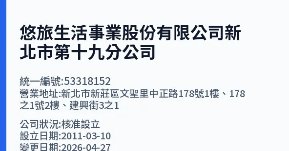 悠旅生活事業股份有限公司新北市第十九分公司的照片-統編 53318152(新北市) 公司登記資料與營業項目詳細圖表
