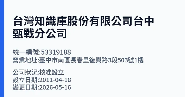台灣知識庫股份有限公司台中甄戰分公司的照片-統編 53319188(臺中市) 公司登記資料與營業項目詳細圖表