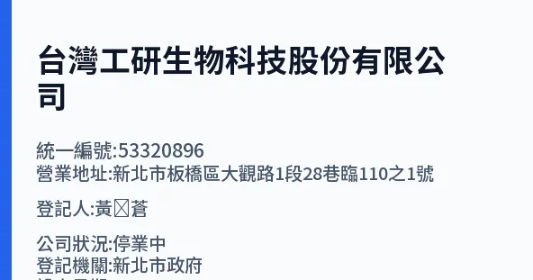 台灣工研生物科技股份有限公司的照片-統編 53320896(新北市) 公司登記資料與營業項目詳細圖表
