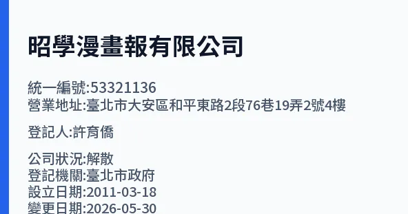 昭學漫畫報有限公司的照片-統編 53321136(臺北市) 公司登記資料與營業項目詳細圖表
