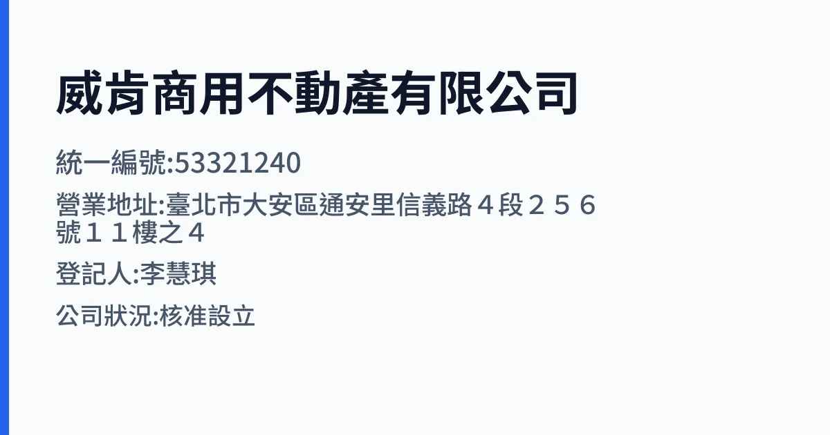 威肯商用不動產有限公司 - 統編 53321240(臺北市) 公司登記資料與營業項目詳細圖表