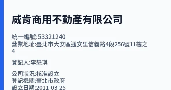 威肯商用不動產有限公司的照片-統編 53321240(臺北市) 公司登記資料與營業項目詳細圖表