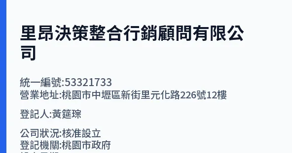 里昂決策整合行銷顧問有限公司的照片-統編 53321733(桃園市) 公司登記資料與營業項目詳細圖表
