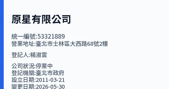 原星有限公司的照片-統編 53321889(臺北市) 公司登記資料與營業項目詳細圖表