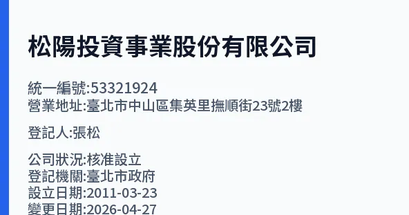 松陽投資事業股份有限公司的照片-統編 53321924(臺北市) 公司登記資料與營業項目詳細圖表