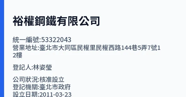 裕權鋼鐵有限公司的照片-統編 53322043(臺北市) 公司登記資料與營業項目詳細圖表