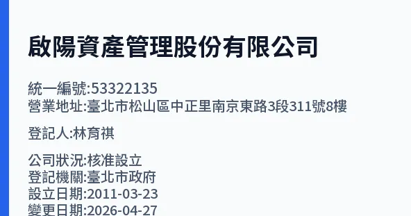 啟陽資產管理股份有限公司的照片-統編 53322135(臺北市) 公司登記資料與營業項目詳細圖表