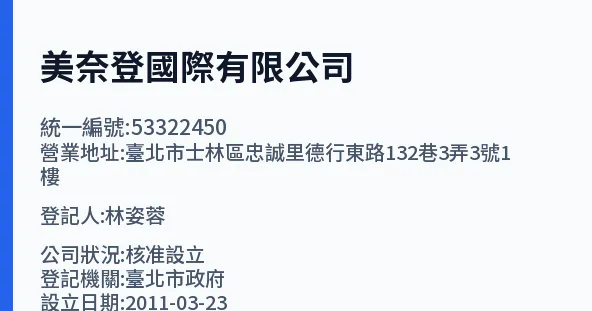 美奈登國際有限公司的照片-統編 53322450(臺北市) 公司登記資料與營業項目詳細圖表