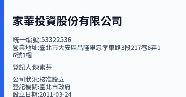 家華投資股份有限公司的照片-統編 53322536(臺北市) 公司登記資料與營業項目詳細圖表