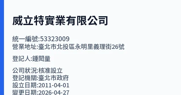 威立特實業有限公司的照片-統編 53323009(臺北市) 公司登記資料與營業項目詳細圖表