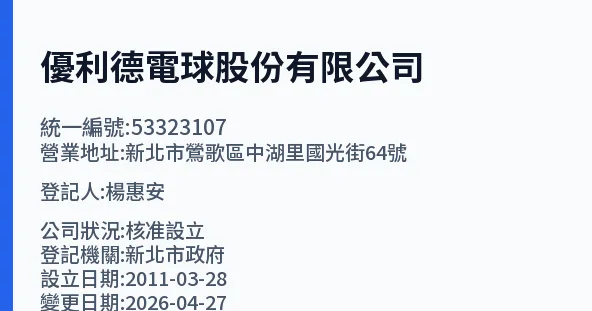 優利德電球股份有限公司的照片-統編 53323107(新北市) 公司登記資料與營業項目詳細圖表