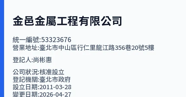 金邑金屬工程有限公司的照片-統編 53323676(臺北市) 公司登記資料與營業項目詳細圖表