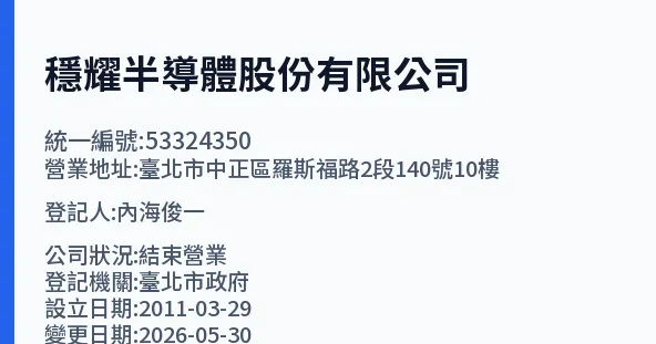 穩耀半導體股份有限公司的照片-統編 53324350(臺北市) 公司登記資料與營業項目詳細圖表