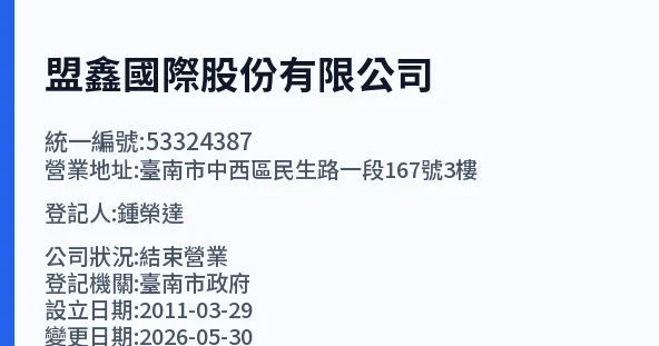 盟鑫國際股份有限公司的照片-統編 53324387(臺南市) 公司登記資料與營業項目詳細圖表