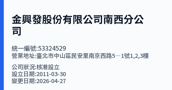 金興發股份有限公司南西分公司的照片-統編 53324529(臺北市) 公司登記資料與營業項目詳細圖表