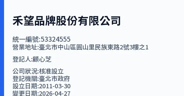 禾望品牌股份有限公司的照片-統編 53324555(臺北市) 公司登記資料與營業項目詳細圖表