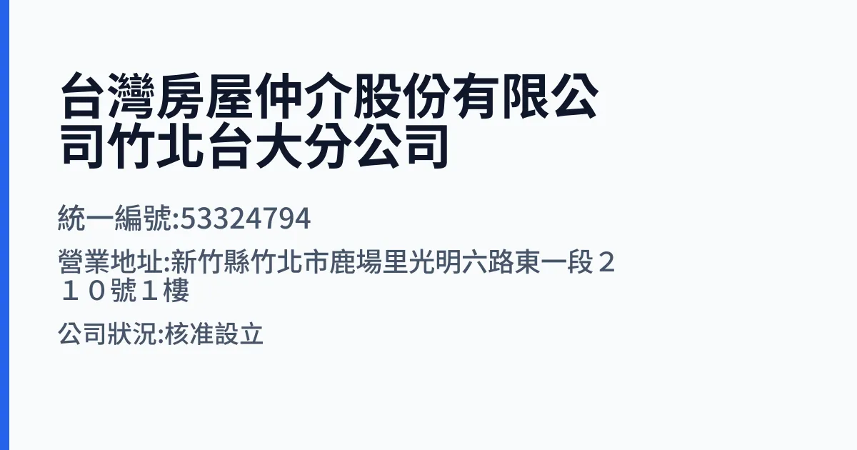 台灣房屋仲介股份有限公司竹北台大分公司 - 統編 53324794(新竹縣) 公司登記資料與營業項目詳細圖表