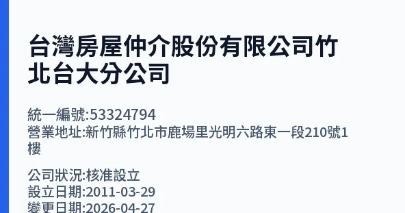 台灣房屋仲介股份有限公司竹北台大分公司的照片-統編 53324794(新竹縣) 公司登記資料與營業項目詳細圖表